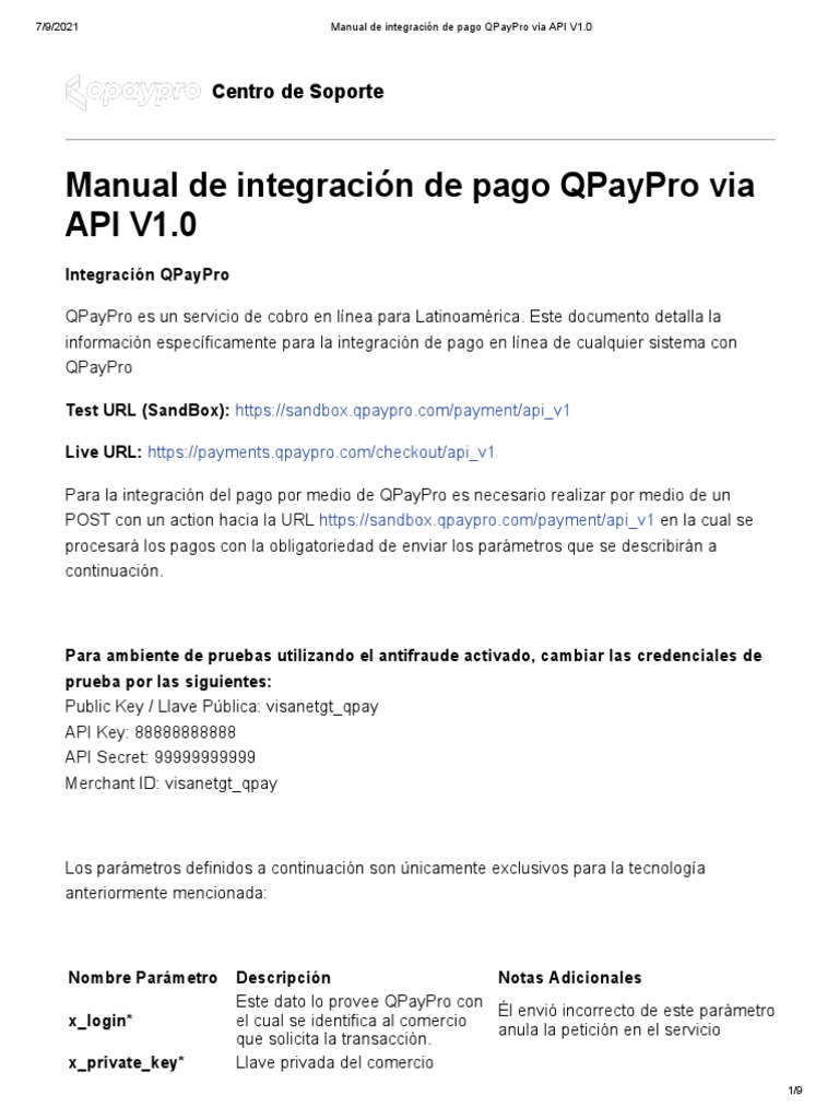 Manual de Integración de Pago QPayPro Via API V1.0 | PDF | Cliente | Factura