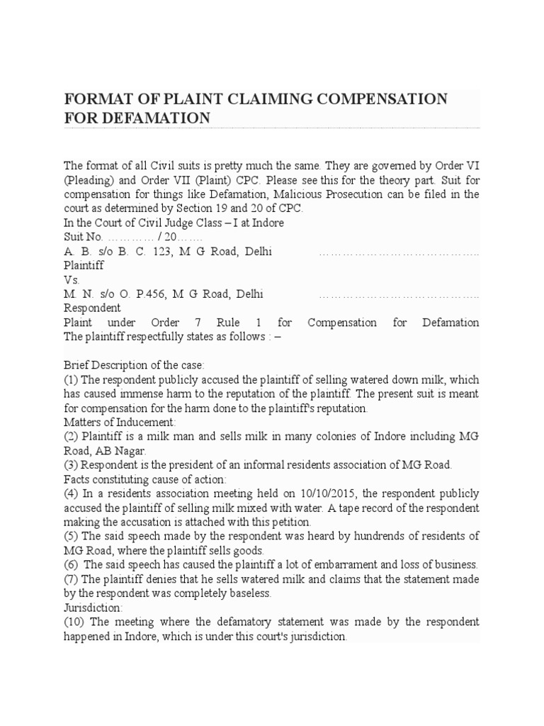 Format of Plaint Claiming Compensation For Defamation | Download Free ...