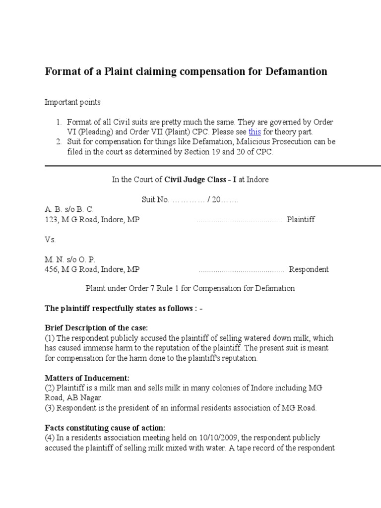 Format of A Plaint Claiming Compensation For Defamantion | PDF | Lawsuit | Defamation