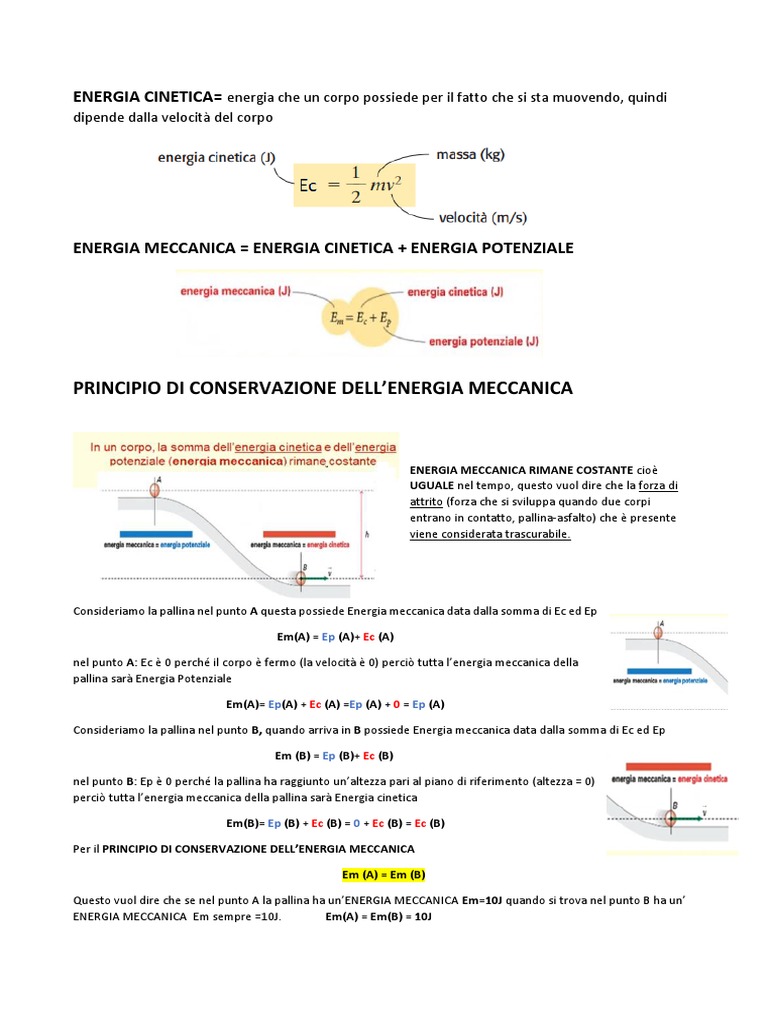 Energia Cinetica, Energia Meccanica, Principio Di Conservazione Dell'energia Meccanica | PDF
