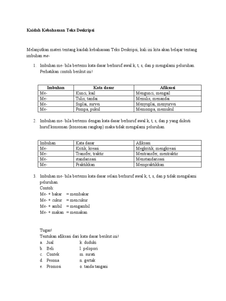 Kelas 7 - Kaidah Kebahasaan Teks Deskripsi - Imbuhan Me | PDF