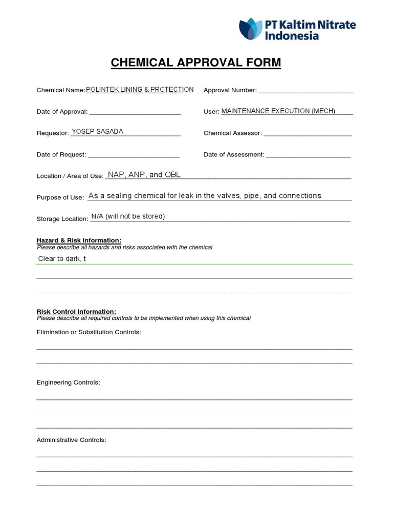 Chemical Approval Form - Polintek Lining & Protection | PDF | Labor ...