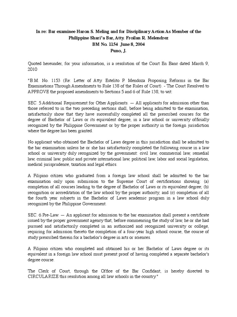 In Re: Bar Examinee Haron S. Meling and For Disciplinary Action As ...