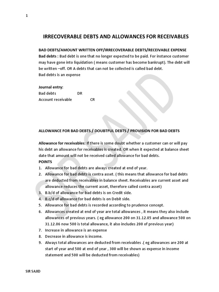 Irrecoverable Debts and Allowances For Receivables | PDF | Debits And ...