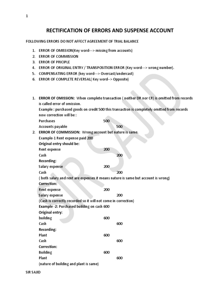 Errors Suspense Account | PDF | Debits And Credits | Bookkeeping