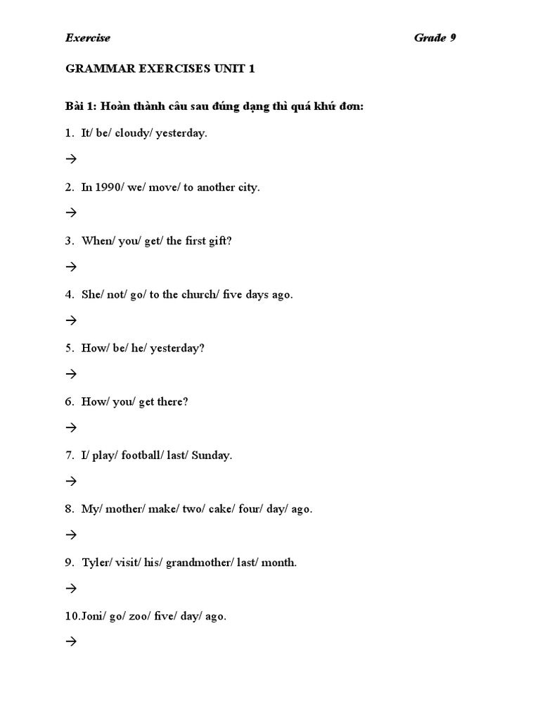 Grammar Exercises Unit 1 Bài 1: Hoàn Thành Câu Sau Đúng D NG Thì Quá KH Đơn | PDF | Snow White