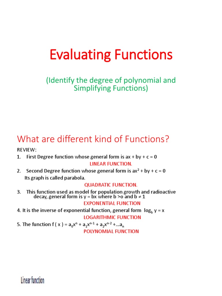 Evaluating Functions: (Identify The Degree of Polynomial and Simplifying Functions) | PDF ...