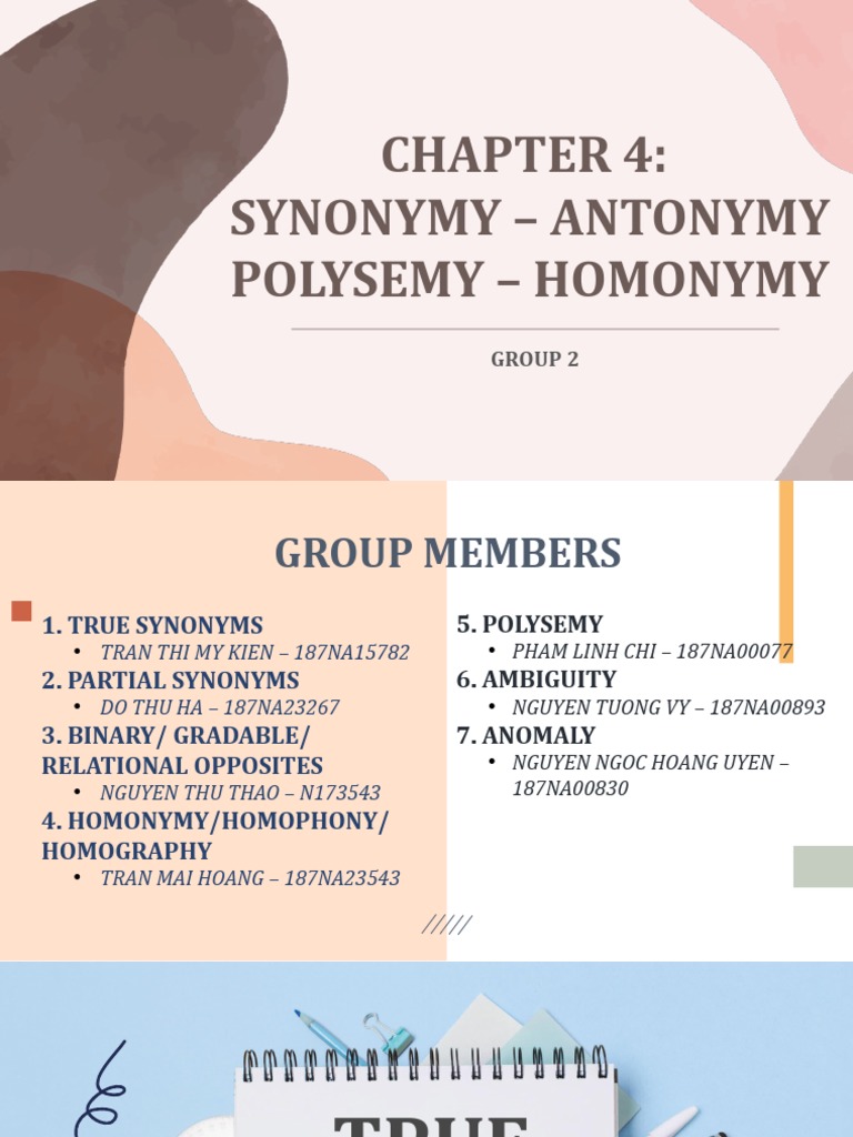 Synonymy - Antonymy Polysemy - Homonymy: Group 2 | PDF | Lexicology ...