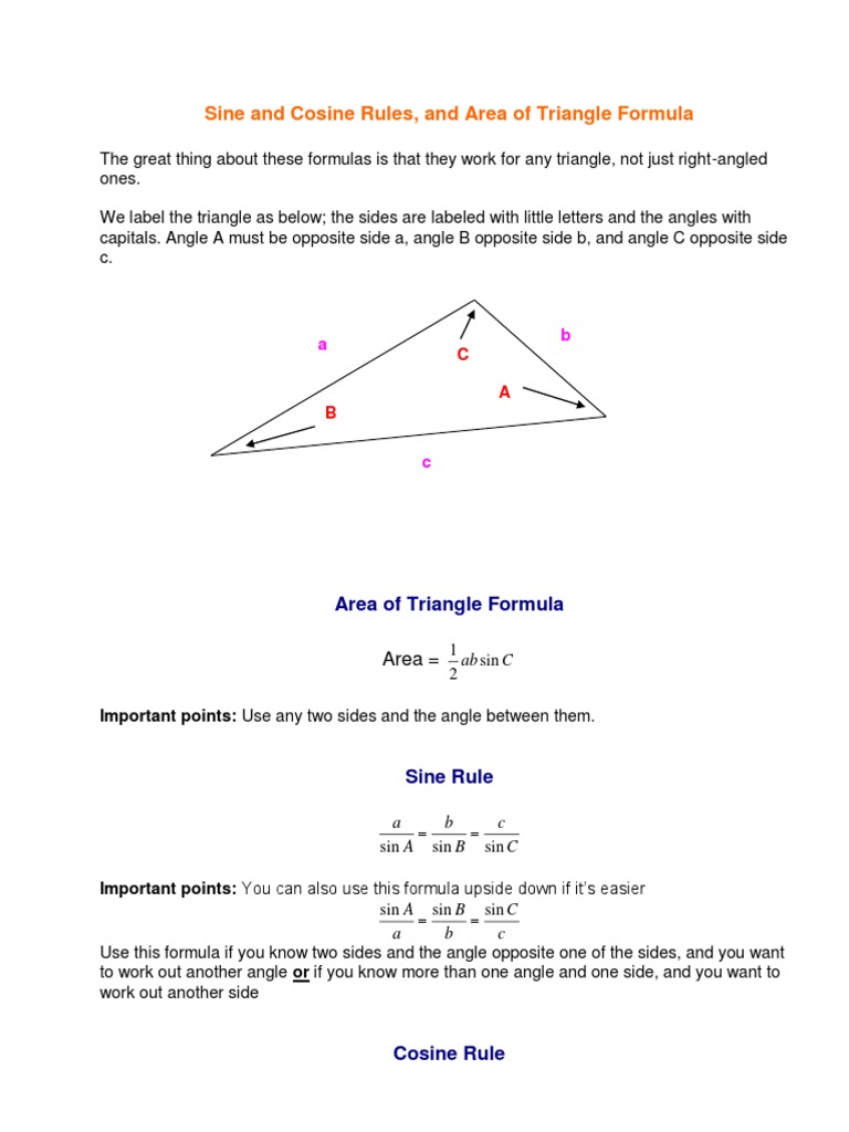 Sine and Cosine Rules, and Area of Triangle Formula | PDF ...