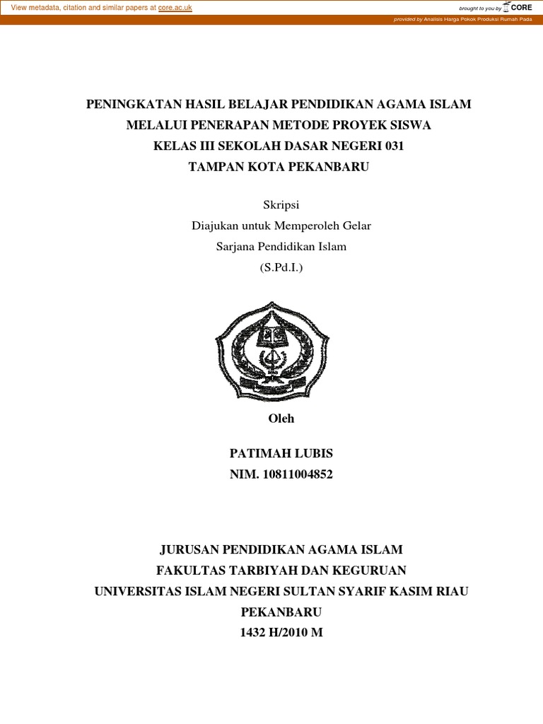 Peningkatan Hasil Belajar Pendidikan Agama Islam Melalui Penerapan Metode Proyek Siswa Kelas Iii ...