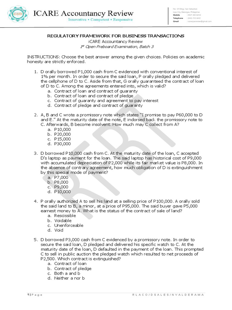 Icare RFBT First Preboard Examinations Batch 3 | PDF | Mortgage Law | Guarantee