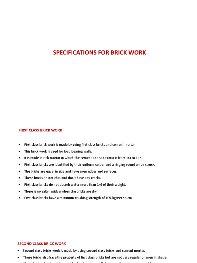 Brickwork Detailed Specification | PDF | Brick | Mortar (Masonry)