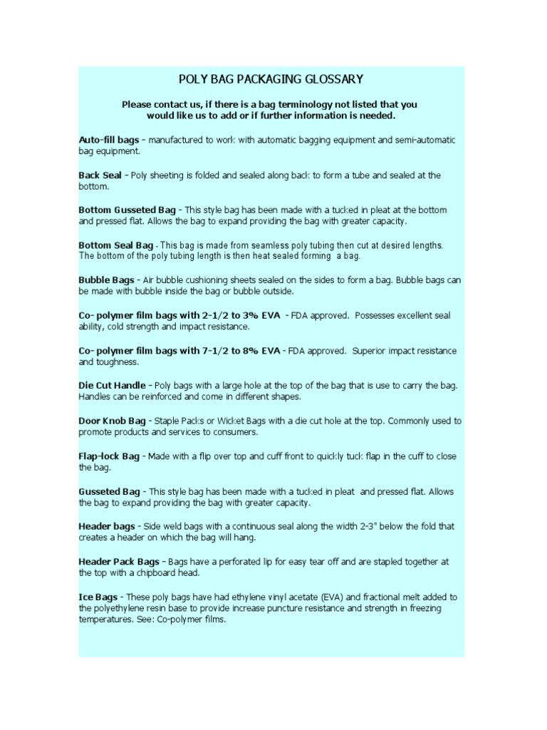 Poly Bag Packaging Glossary | PDF | Polyethylene | Pipe (Fluid Conveyance)