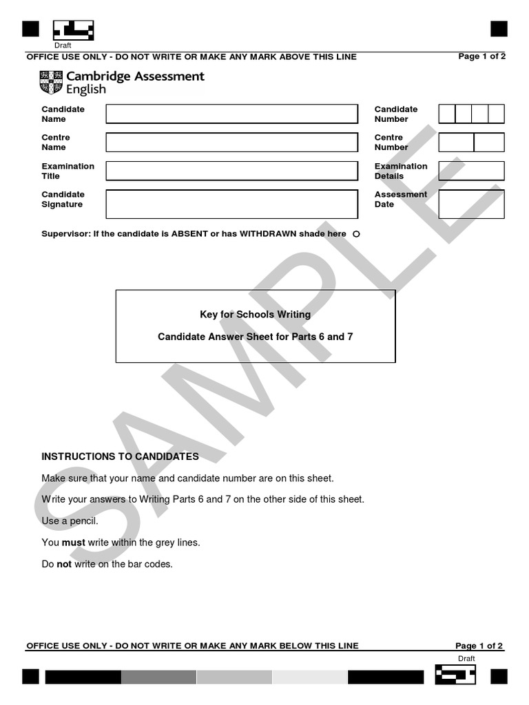 A2 Key For Schools Writing Sample Answer Sheet | PDF
