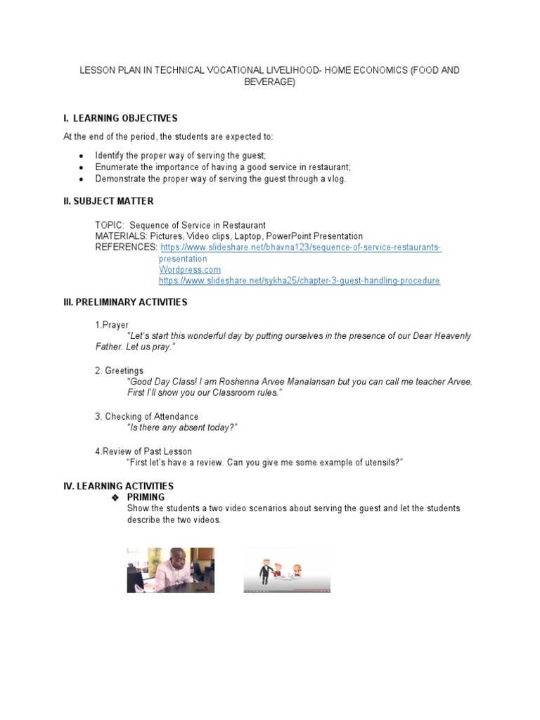 Lesson Plan in TVL He F&B | PDF | Waiting Staff | Menu