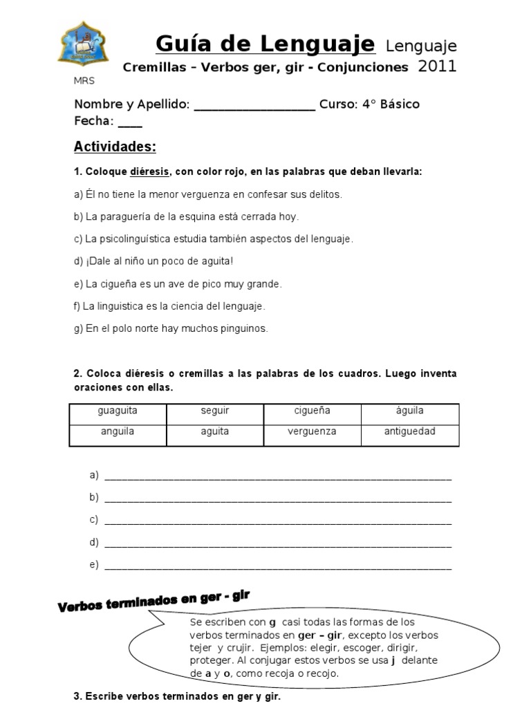 Guia de aprendizaje - DIÉRESIS - VERBOS GER-GIR - CONJUNCIONES NI-PERO ...
