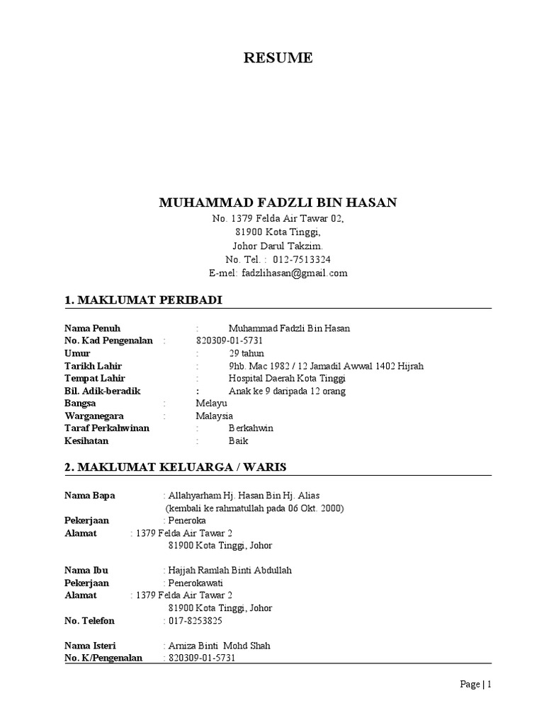 Resume: Muhammad Fadzli Bin Hasan | PDF