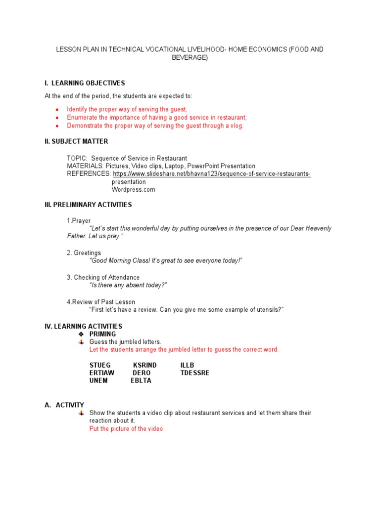 Lesson Plan in Technical Vocational Livelihood | PDF | Menu | Restaurants