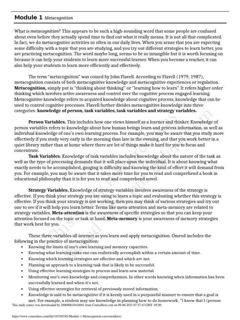 Module 1 Metacognition | PDF | Metacognition | Learning