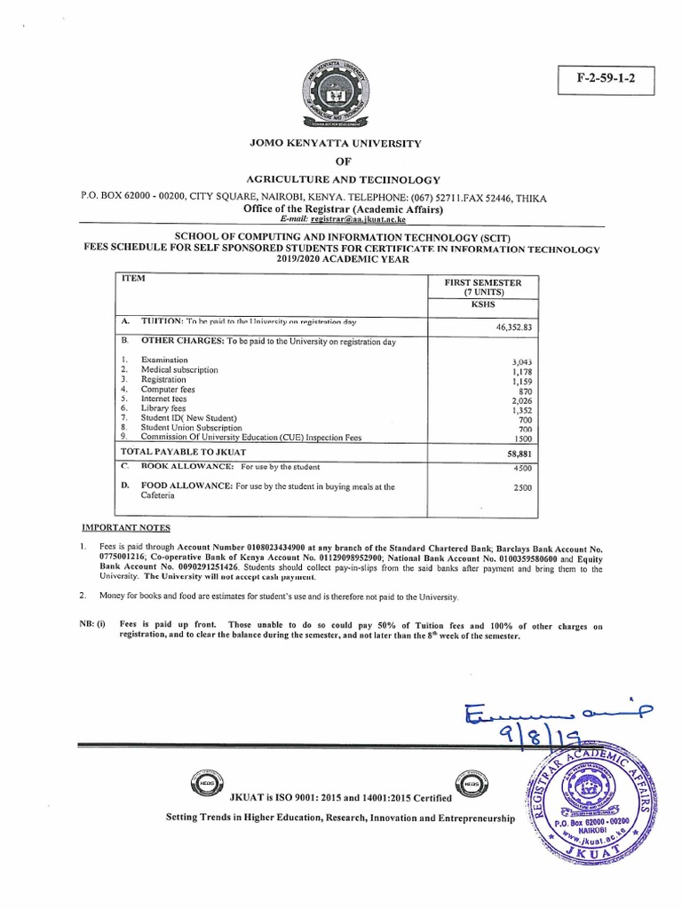JKUAT IT CERTIFICATE-Fee-Structure | PDF