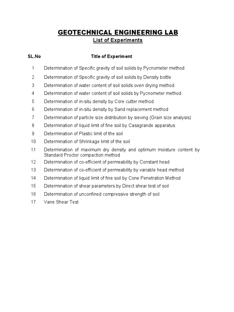 Geotechnical Engineering Lab: List of Experiments | PDF | Density | Nature