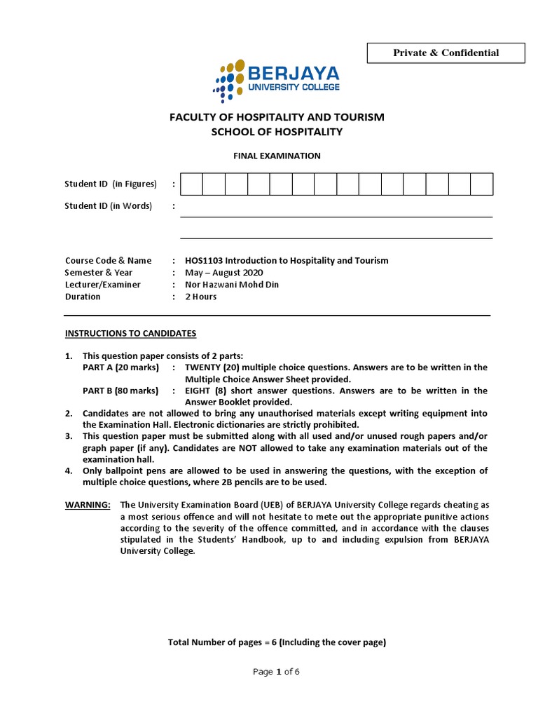 Hos1103 Introduction To Hospitality and Tourism | PDF | Test ...