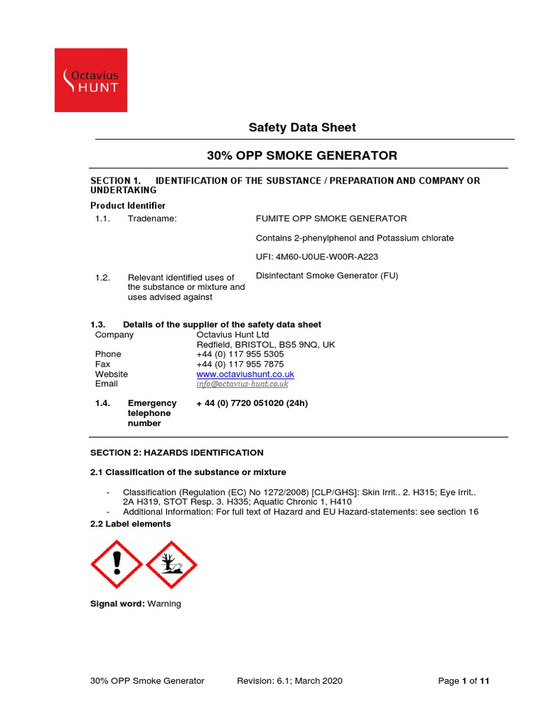 Safety Data Sheet 30% Opp Smoke Generator: WWW - Octaviushunt.co - Uk ...