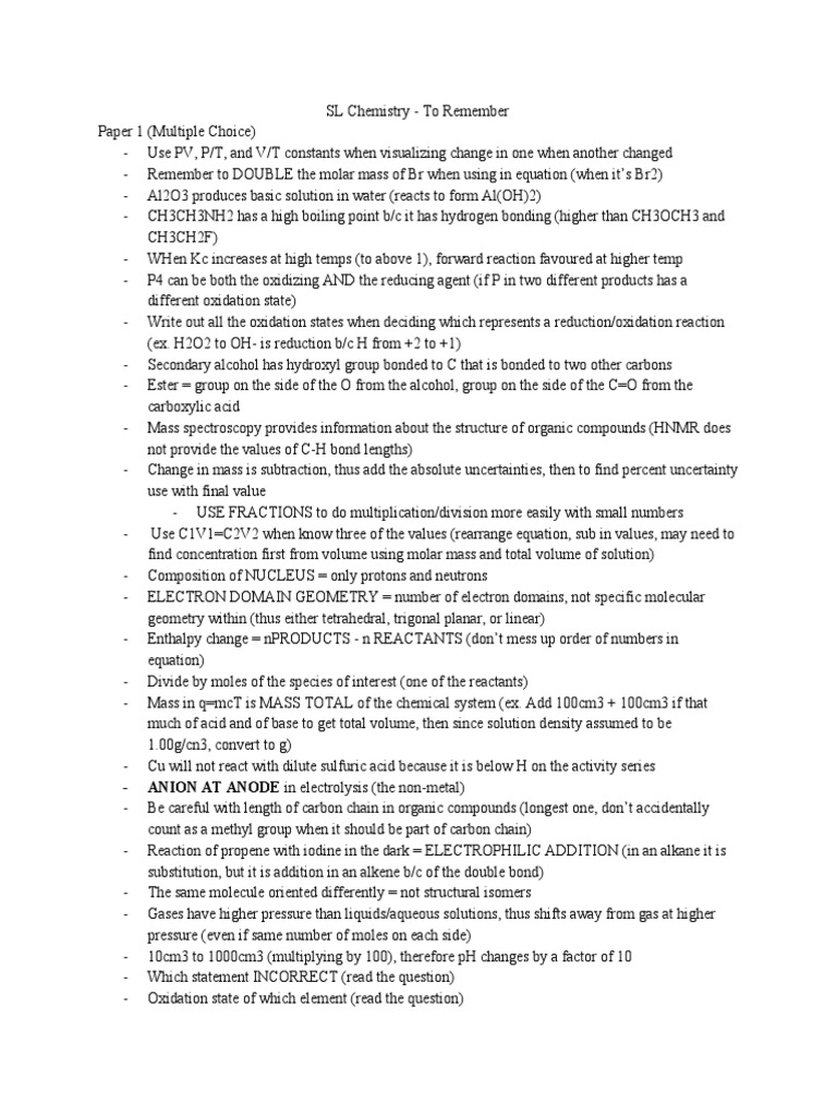 IB SL Chemistry - To Remember (For May Exams) | PDF | Chemical ...