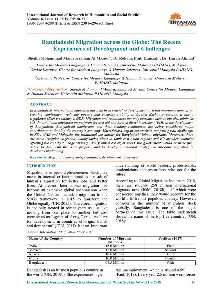 Bangladeshi Migration Across The Globe: The Recent Experiences of Development and Challenges ...