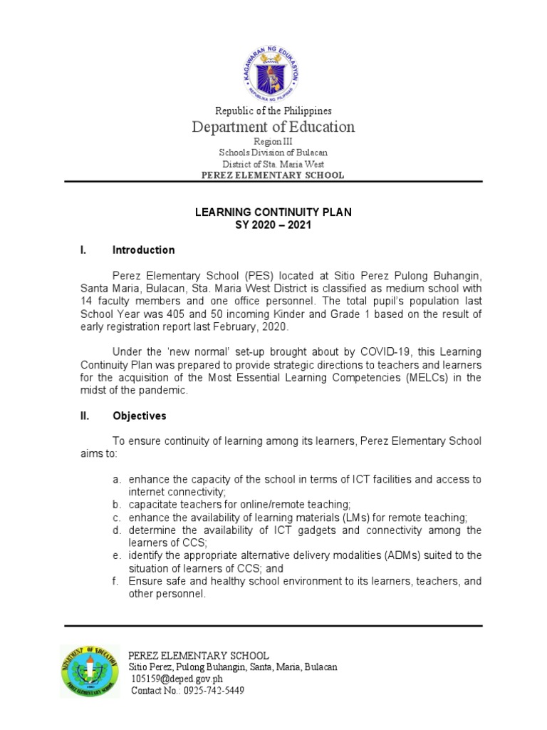 Department of Education: Learning Continuity Plan SY 2020 - 2021 I ...