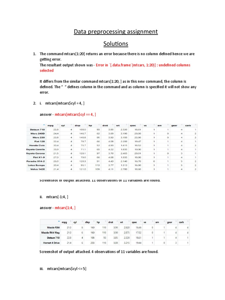 Data Preprocessing Assignment Solutions: Error in ' (.Data - Frame' (Mtcars, 1:20) ) : Undefined ...