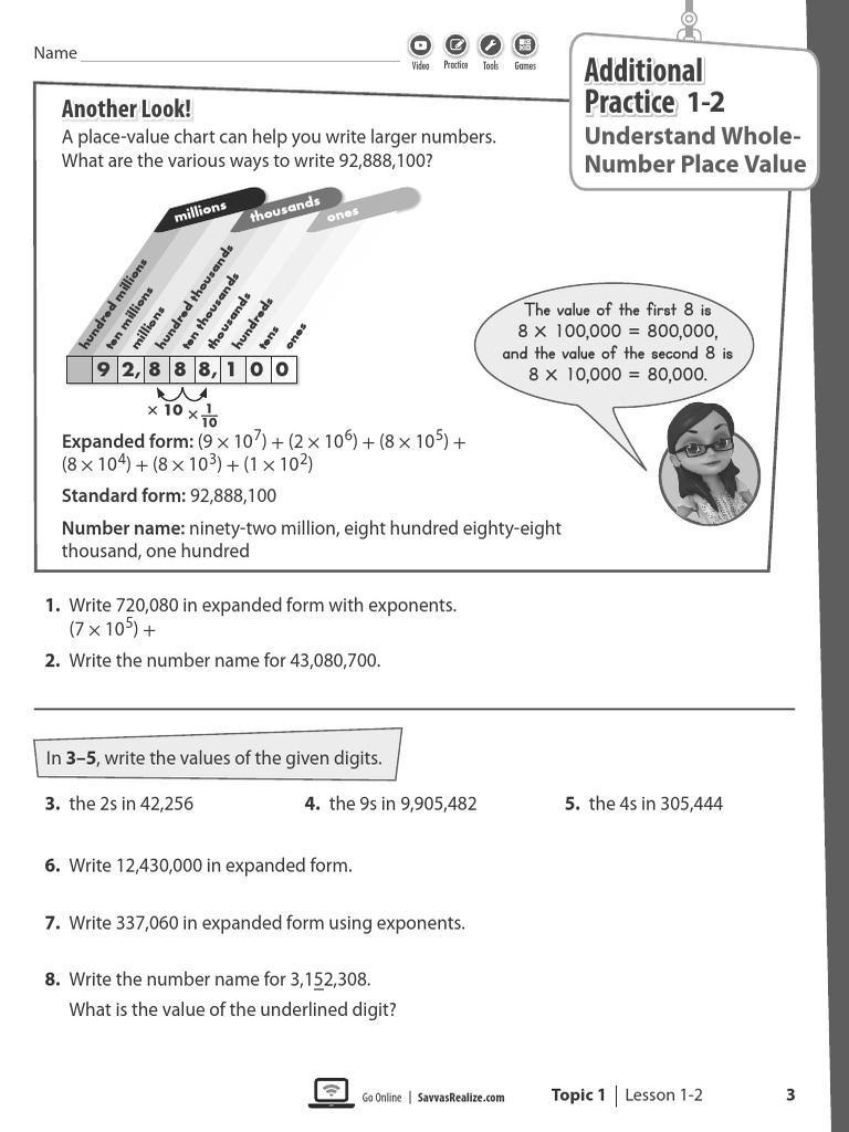 HW Worksheet, 1-2 Understand Whole Number Place Value | PDF ...