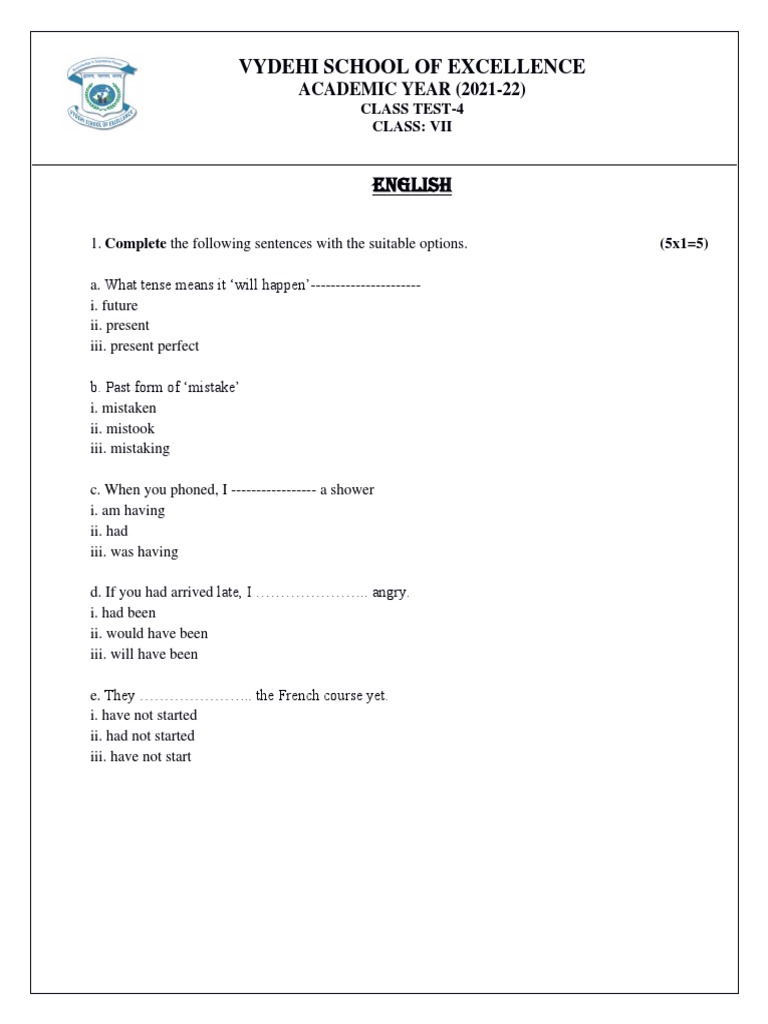 Grade 7 English Class Test 4 | PDF