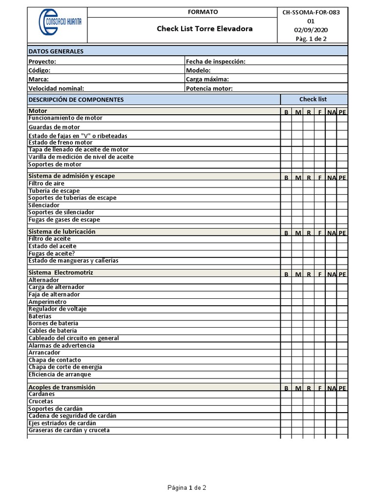 FORMATO 083 - Check List Torre Elevadora | PDF | Ingeniería mecánica ...