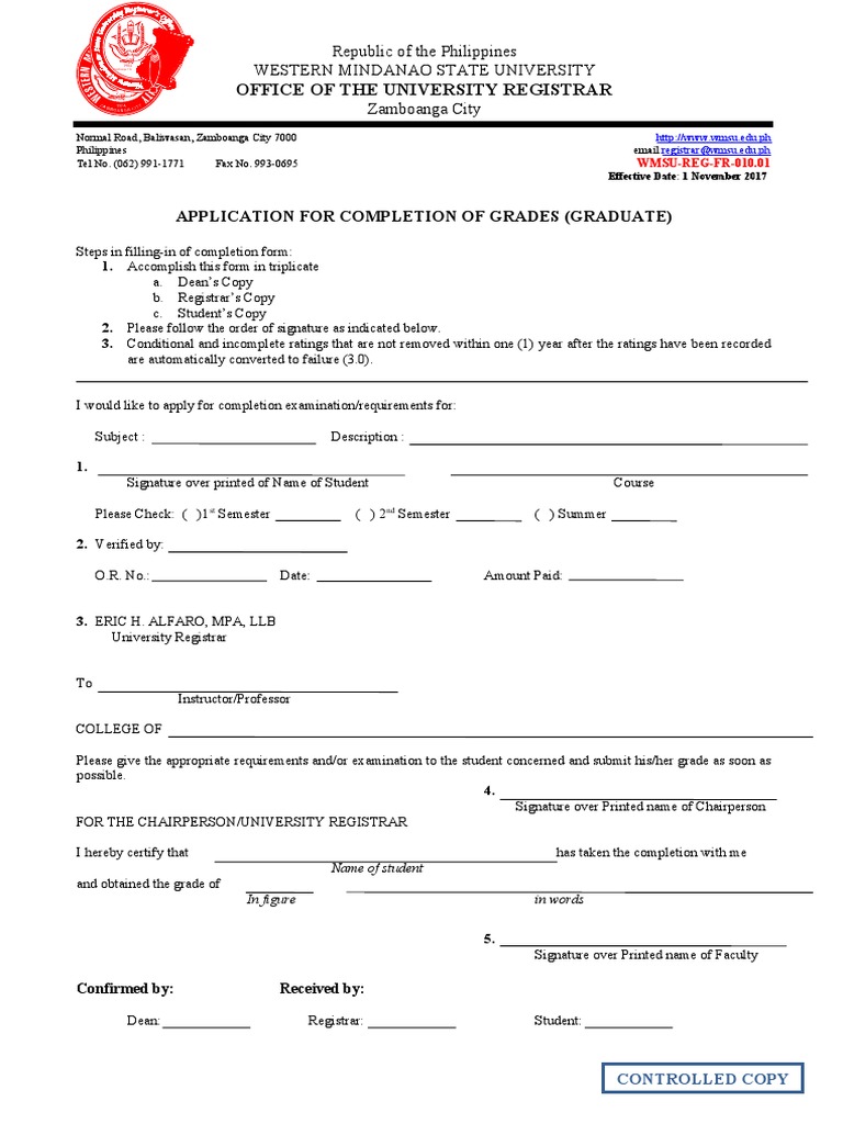 Application For Completion of Grades For Graduates | PDF