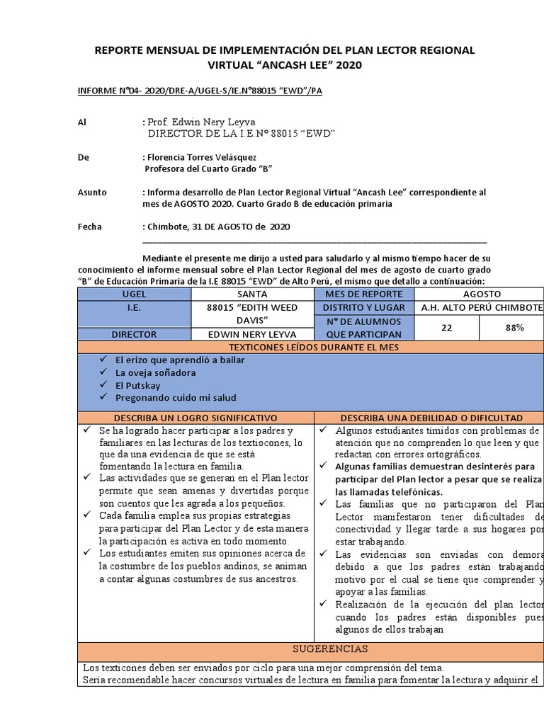 Informe Del Plan Lector Regional Virtual Mes Junio | PDF