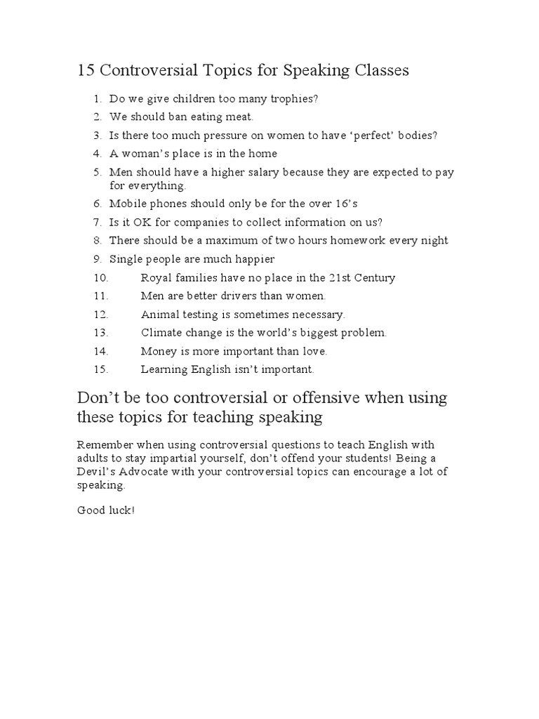 15 Controversial Topics For Speaking Classes | PDF