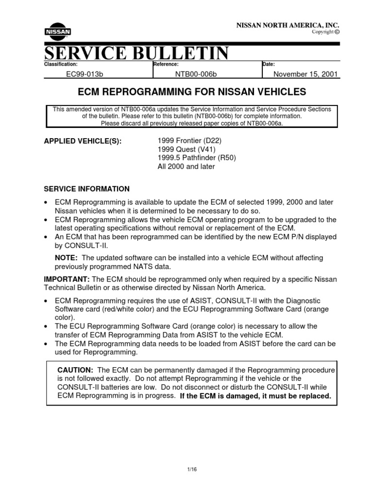 Ecm Reprogramming For Nissan Vehicles: Classification: Reference: Date ...