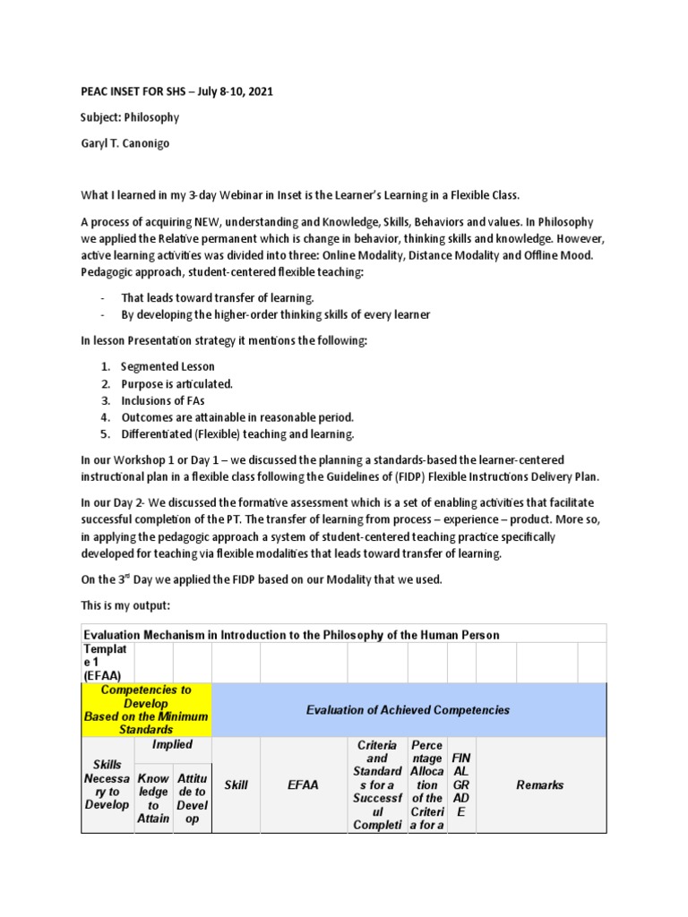 PEAC INSET FOR SHS - July 8-10, 2021 | PDF | Learning | Education Theory
