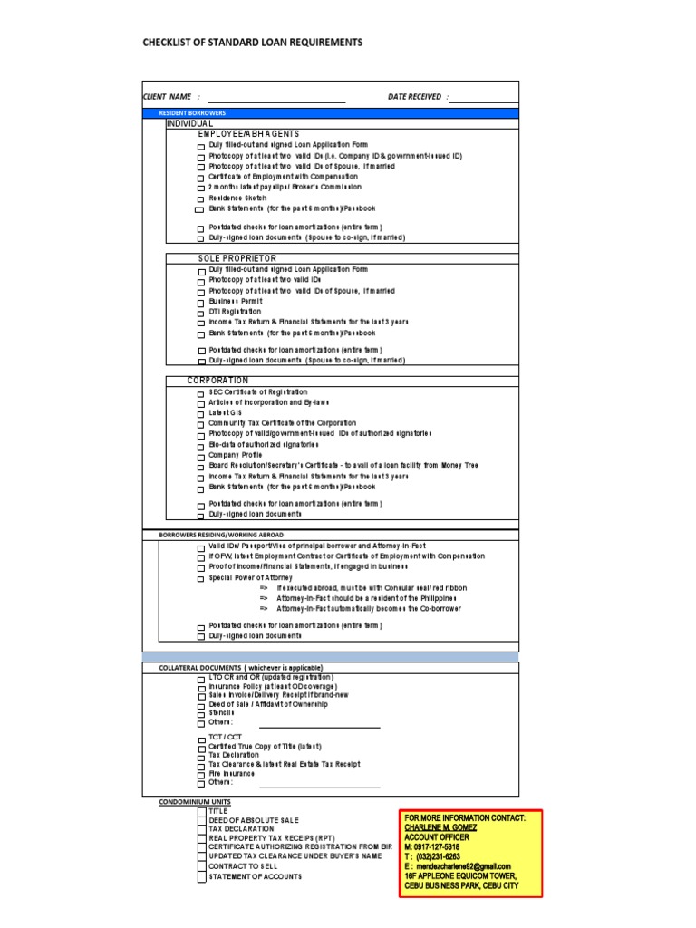 Money Tree International Finance Corp. Checklist of Standard Loan ...