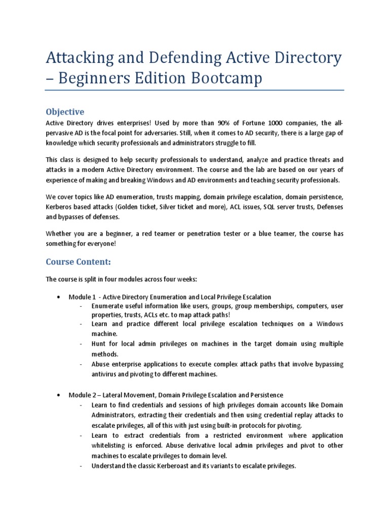 BootCamp Attacking and Defending Active Directory Beginner's Edition Syllabus | PDF | Active ...
