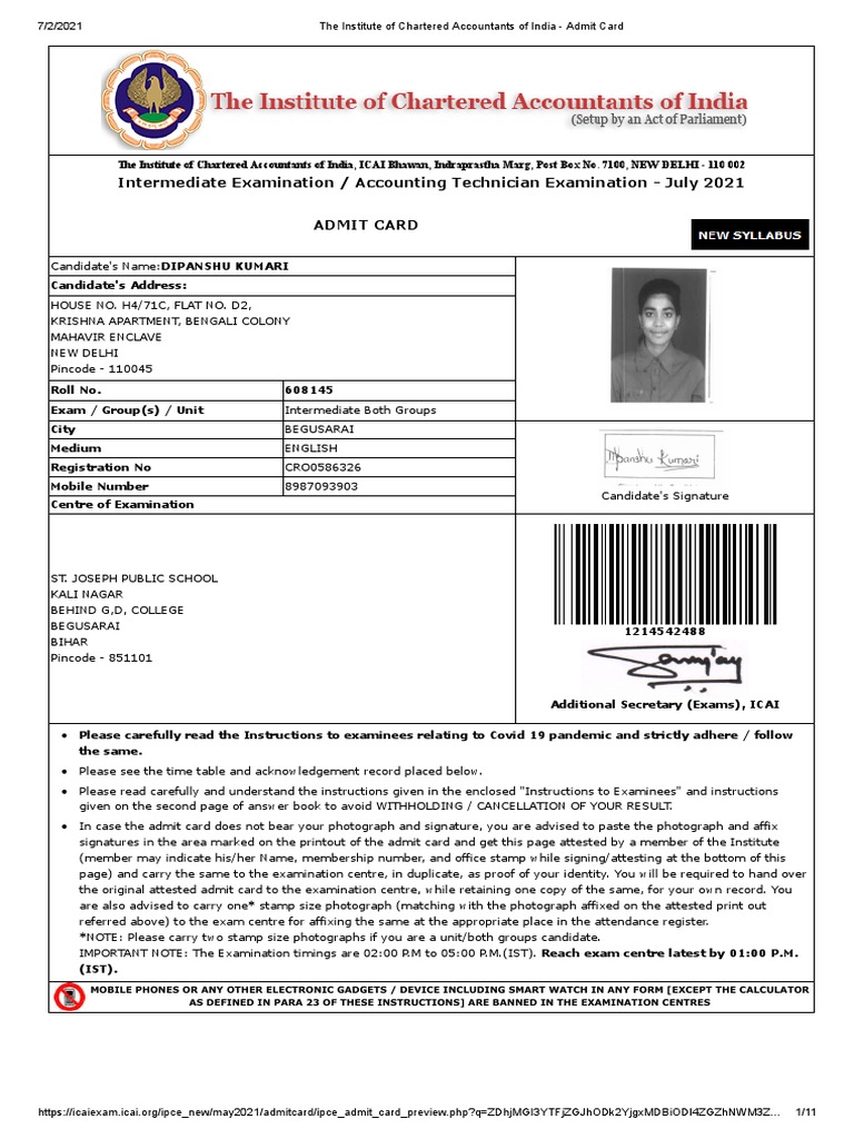 The Institute of Chartered Accountants of India - Admit Card | PDF ...