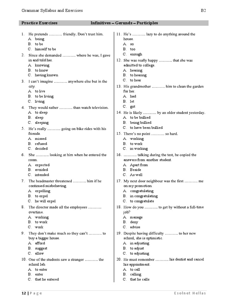 Grammar Syllabus and Exercises B2 Practice Exercises Infinitives ...