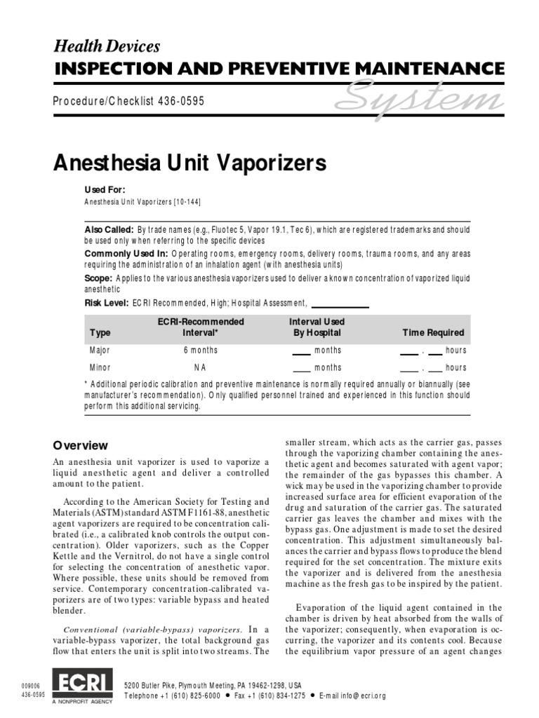 Anesthesia Unit Vaporizers: Procedure/Checklist 436-0595 | PDF ...