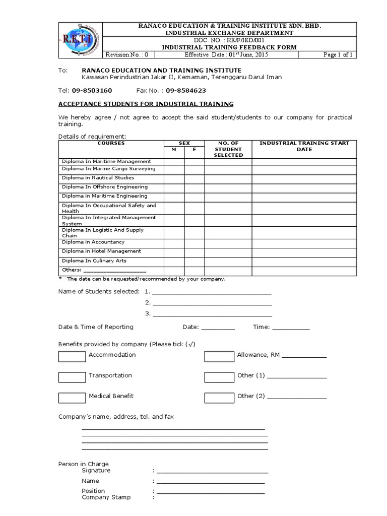 Industrial Training Feedback Form | PDF | Service Industries