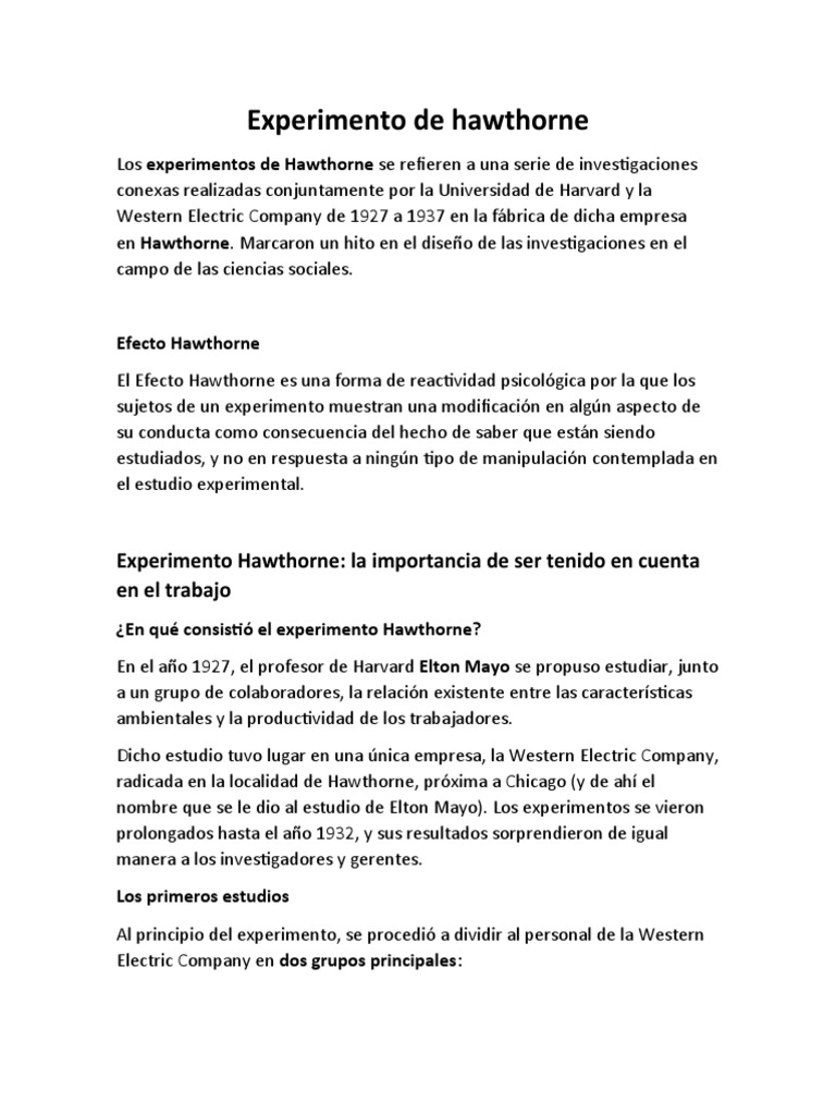 Experimento de Hawthorne | PDF | Experimentar | Comportamiento