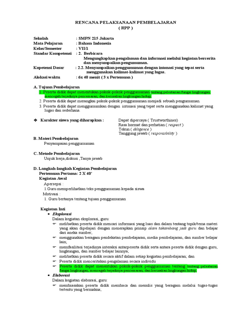 RPP Adiwiyata Bin Kelas 7 Revisi | PDF | Karier & Perkembangan | Seni & Disiplin Bahasa