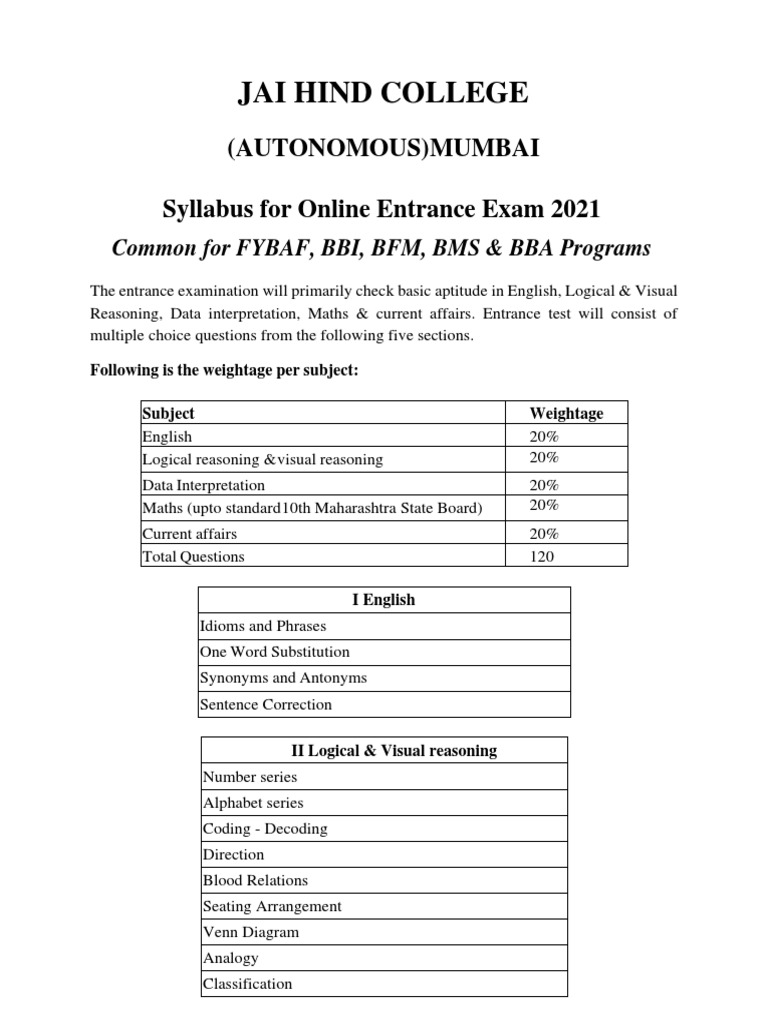 Syllabus & Sample Questions For Common Entrance Exam For BAF BBI BFM ...