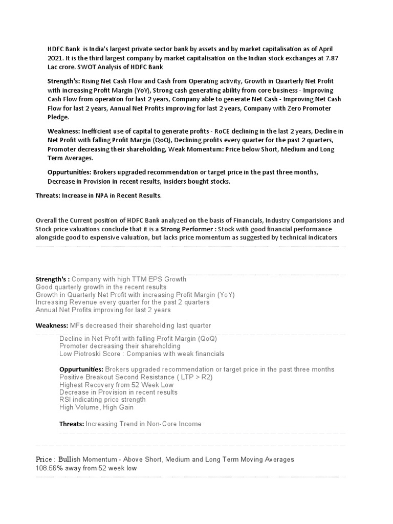 SWOT Analysis of HDFC Bank | PDF | Banks | Stocks
