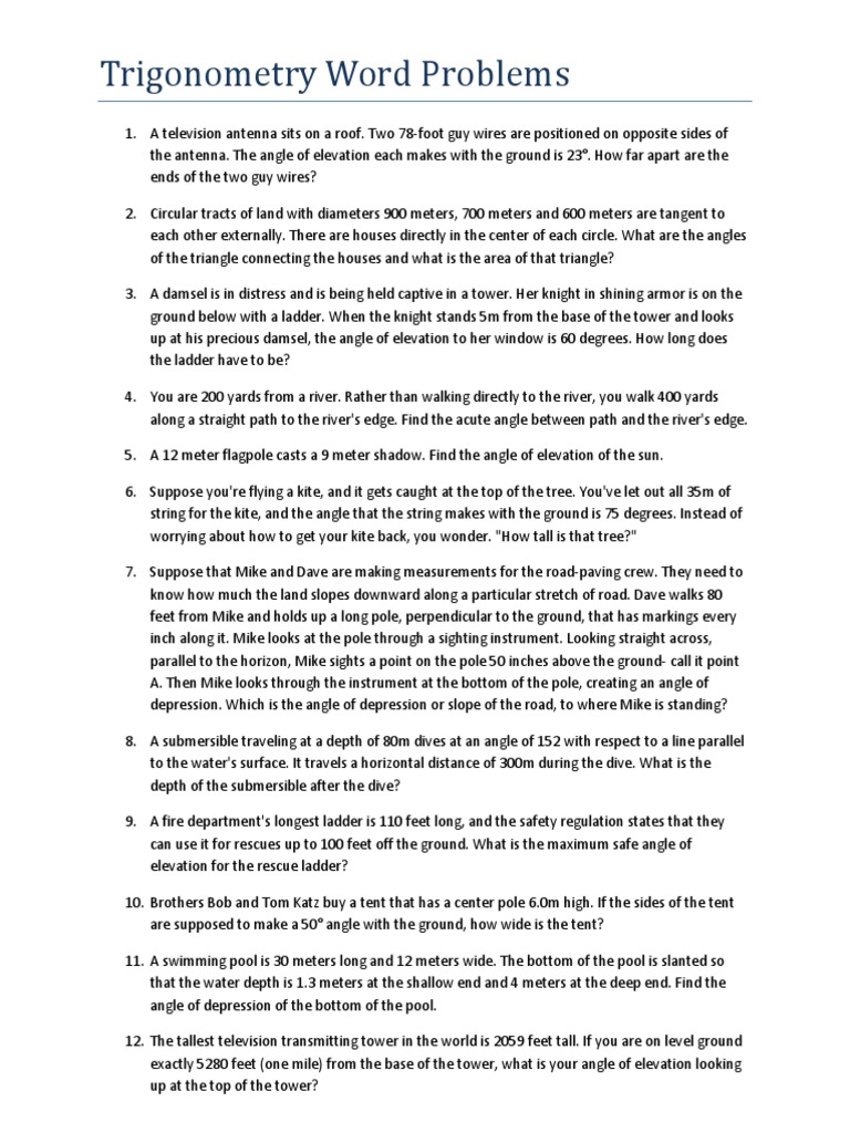 Trigonometry Word Problems | PDF | Angle | Triangle